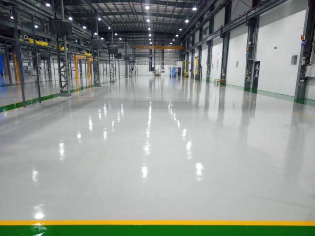 Polished floor refurbishing with PU cement composite (PUCC)